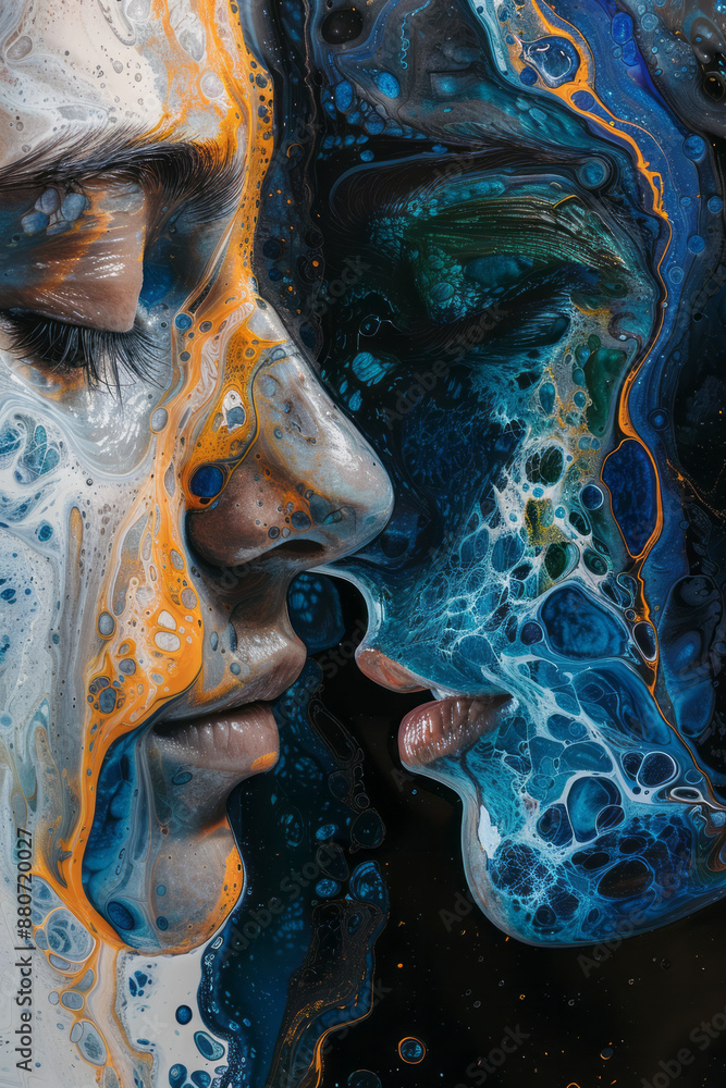 An abstract painting of two faces merging, with chemical structures of ...