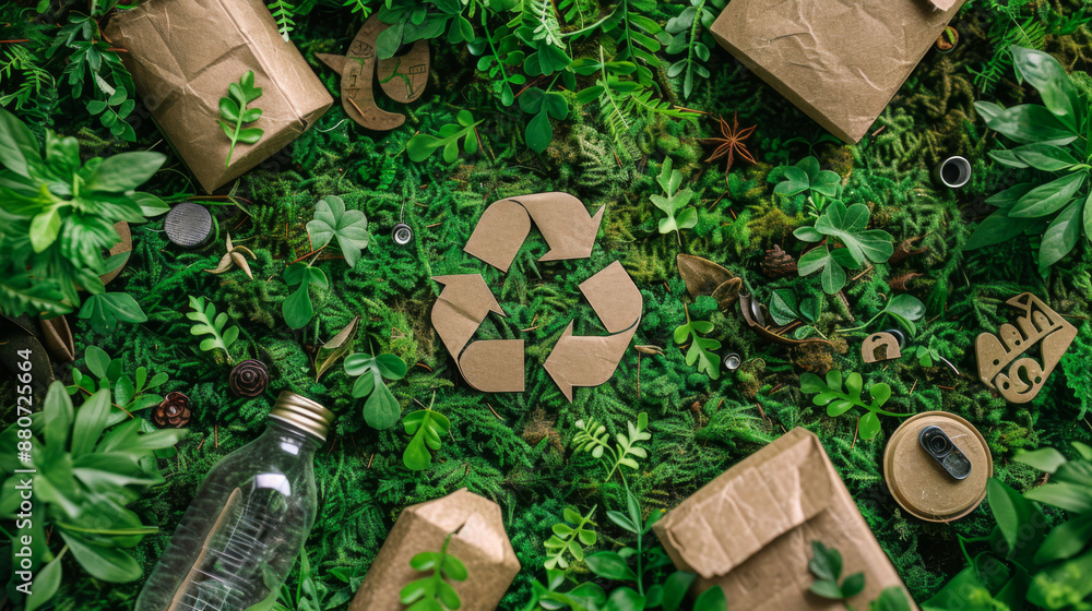 Eco-friendly packaging materials surrounding a recycling symbol on a ...