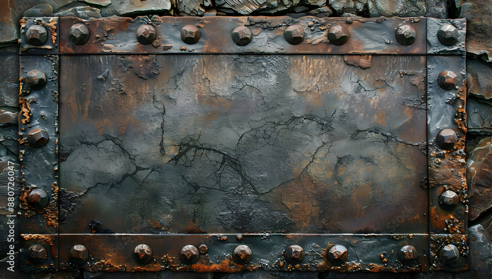 Rusted iron plate with bolts on an old industrial surface, featuring ...