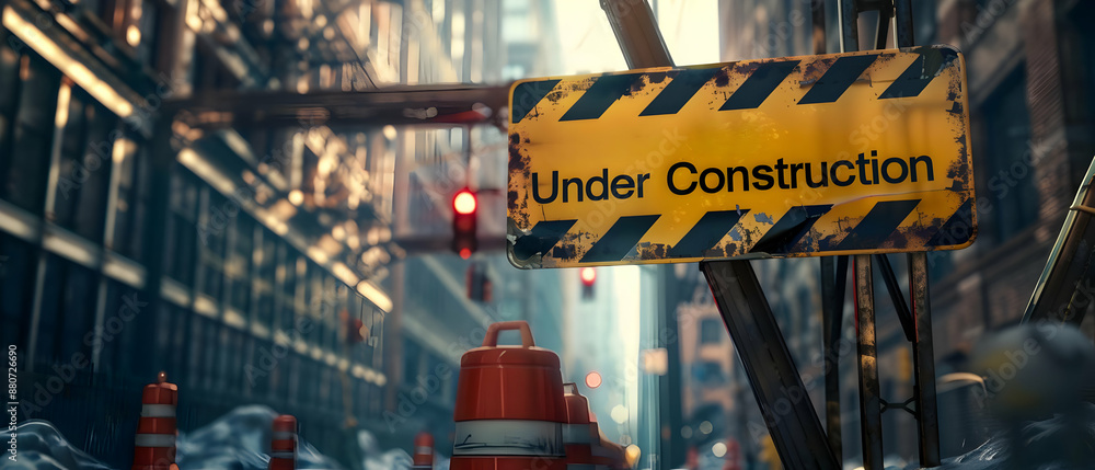 Urban construction scene with 'Under Construction' sign, traffic cones ...