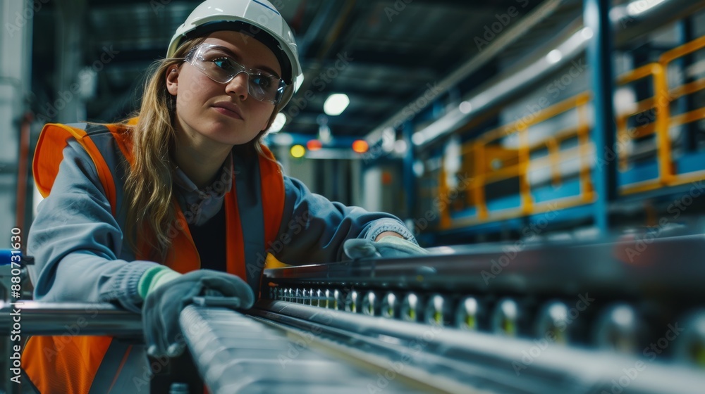 Female engineer inspecting and working on parts of a free roller ...
