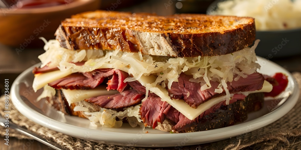 Classic Reuben sandwich with corned beef sauerkraut Swiss cheese on ...