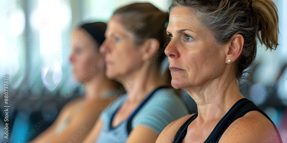Middleaged women with diverse backgrounds exercise in gym during ...
