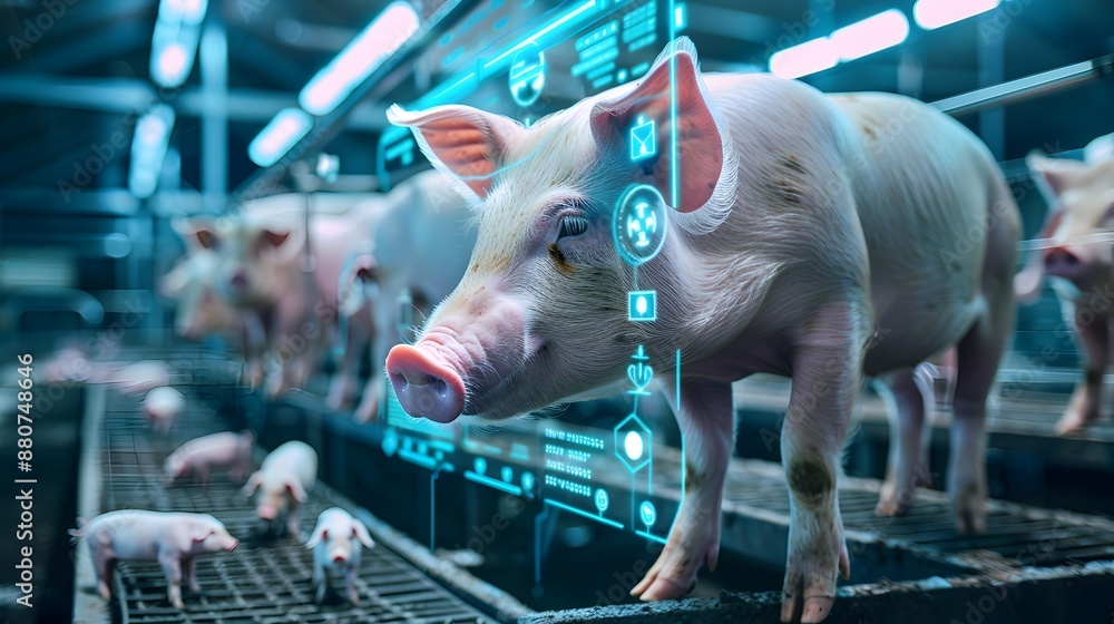 Pigs in an industrial pig farm with modern farming equipment and ...