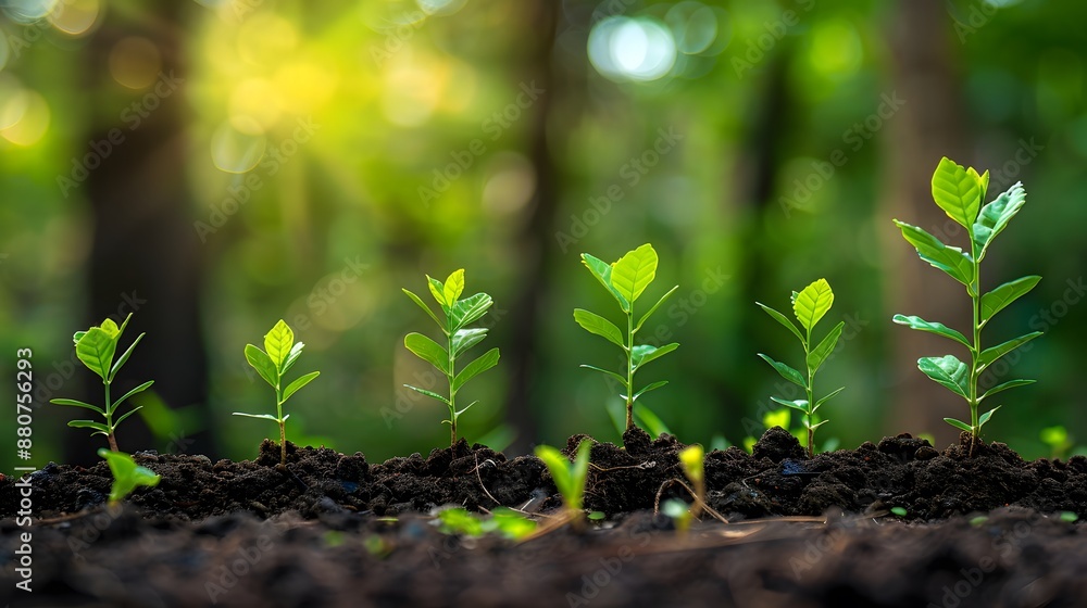 Five green saplings in a row, increasing in height from left to right ...
