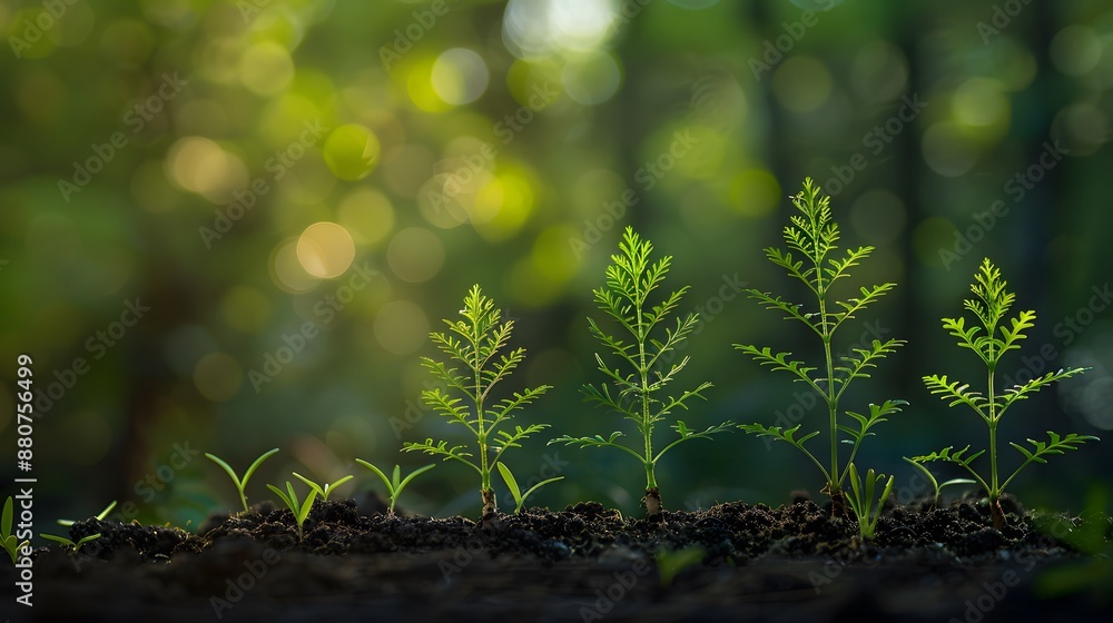 Five green saplings in a row, increasing in height from left to right ...