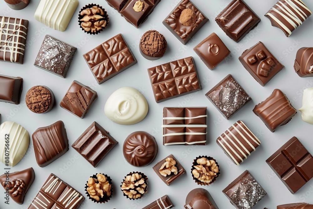Chocolate sweets. Chocolate candy assortment. Abundance. Top view, flat ...