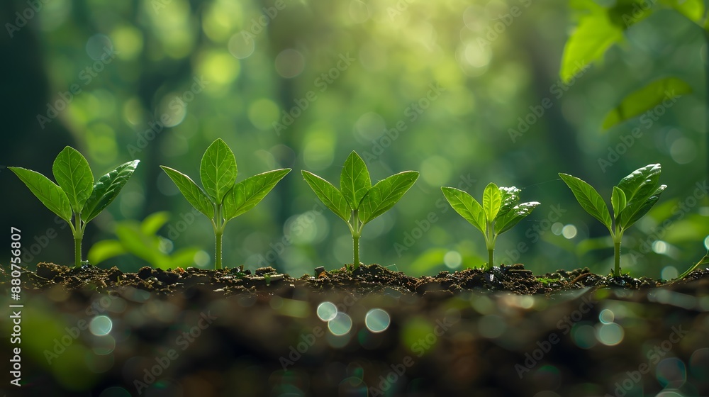 Five green saplings in a row, increasing in height from left to right ...