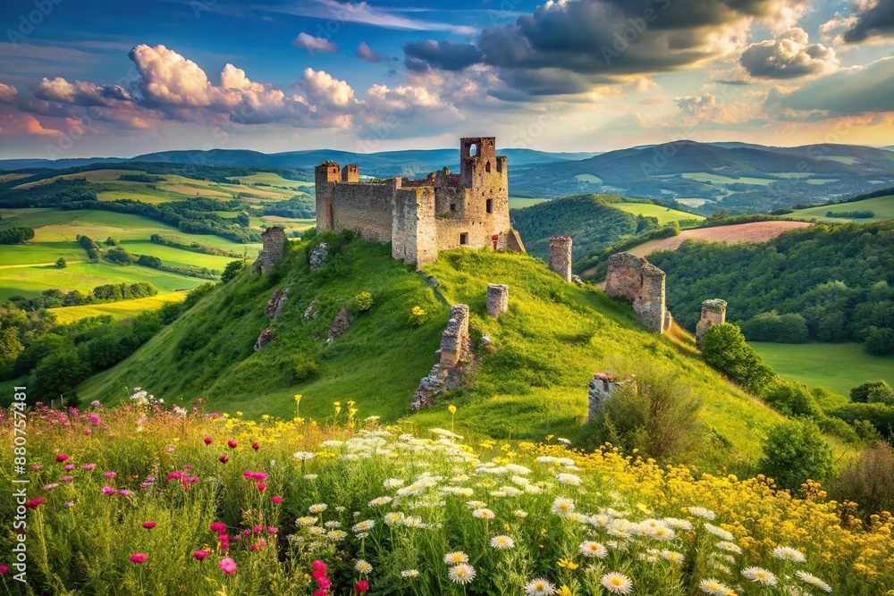 Vintage castle ruins on hilltop in eastern europe lush greenery and ...