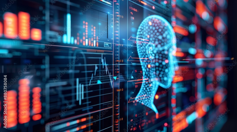 Digital human head integrated with data and futuristic technology ...