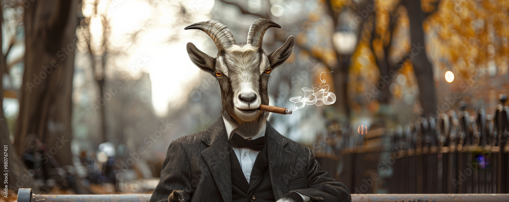 A jovial goat in a tuxedo, sitting on a park bench and smoking a cigar ...