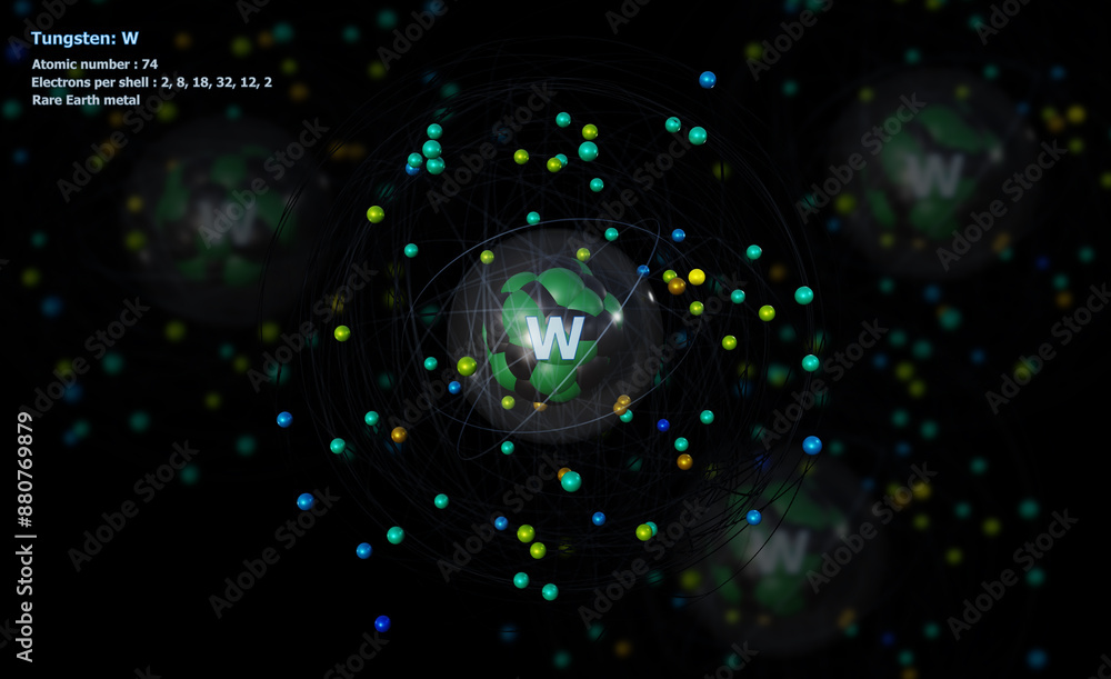 Atom of Tungsten with detailed Core and its 74 Electrons with Atoms in ...