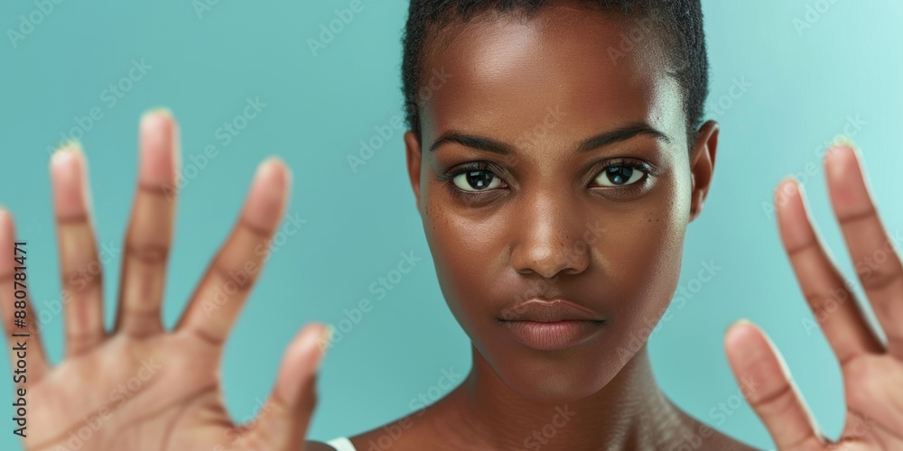 Black woman, fright and shock with hands for studio stop on blue ...