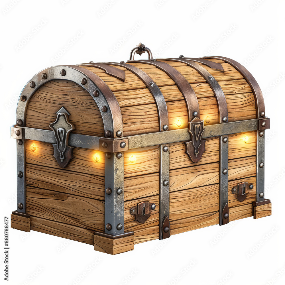 A detailed wooden treasure chest with a rounded top and decorative ...