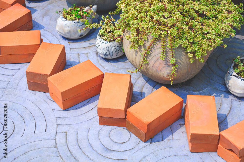 Decorative garden terrace pavement with zigzag red bricks and Elephant ...