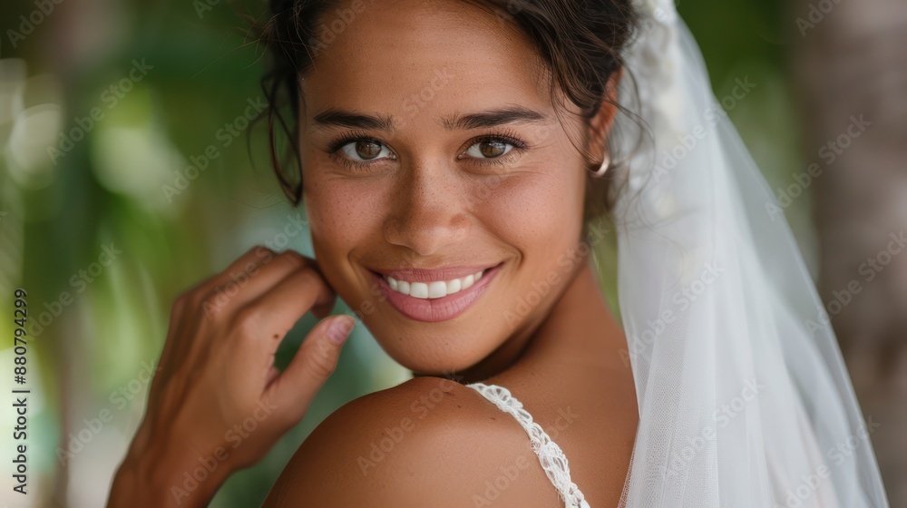 Beautiful Bride in White Wedding Dress Smiling with Soft Focus ...
