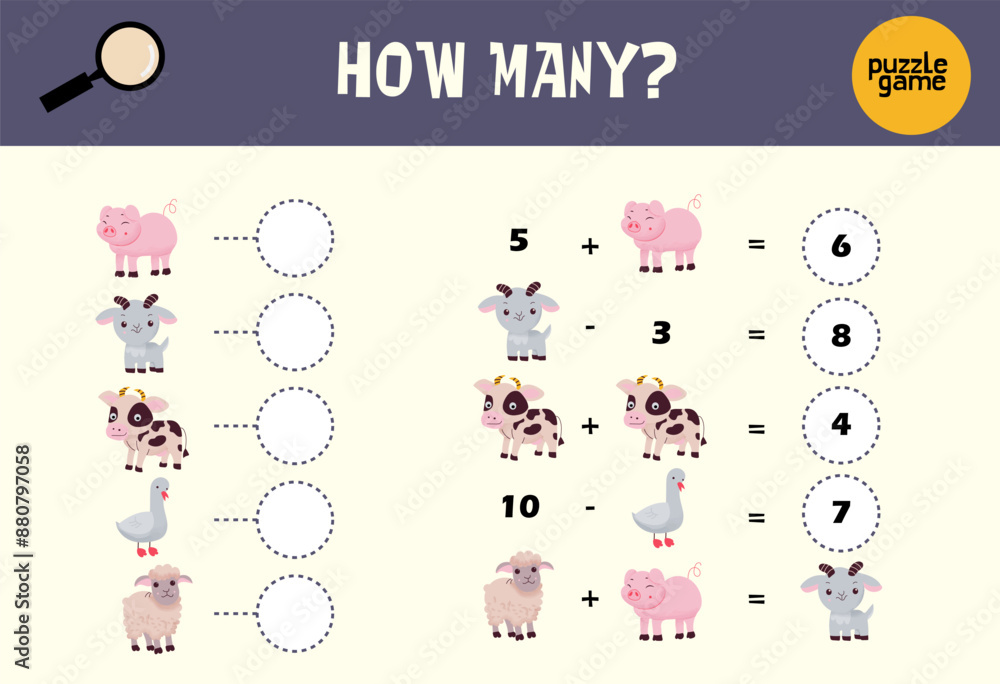 How many game with farm animals. Math worksheet activity for preschool ...