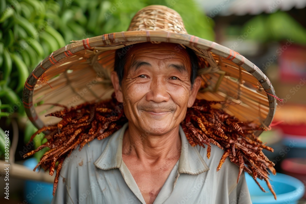 Smiling Asian Farmer Carrying Dried Chili Peppers in a Conical Hat ...