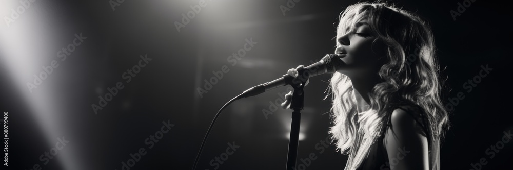 Emotional female classic rock singer, Beautiful woman singing on stage ...