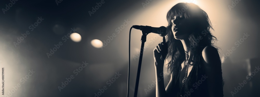 Emotional female classic rock singer, Beautiful woman singing on stage ...