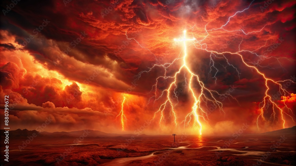 Dramatic religious background hell realm bright lightnings in dark red ...