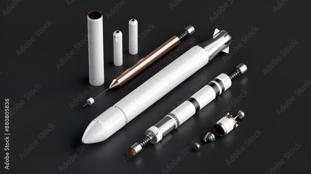 Exploded view of a rocket, individual parts and elements like boosters ...