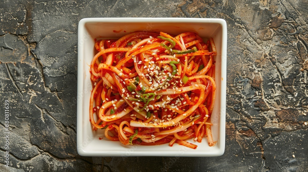 Korean food Musaengchae, seasoned julienned radish salad, in a white ...