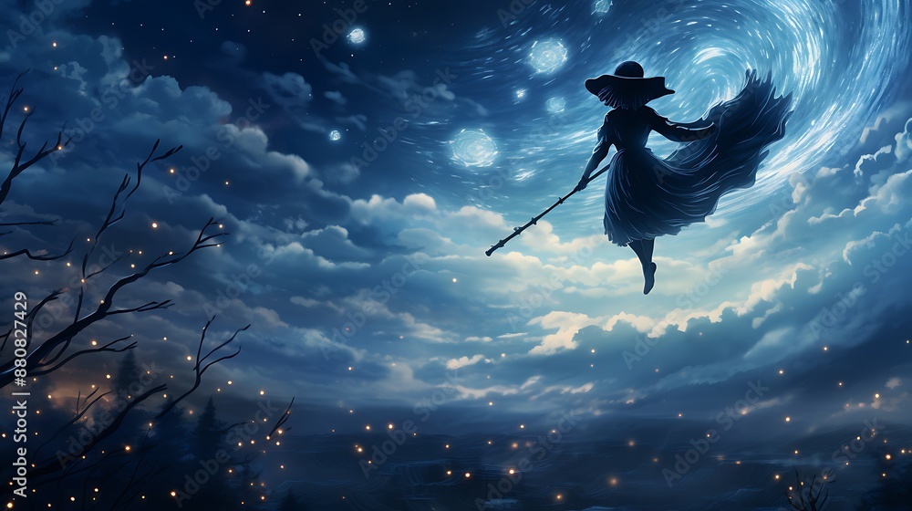 13. A witch flying on a broomstick across a starry night sky Stock ...