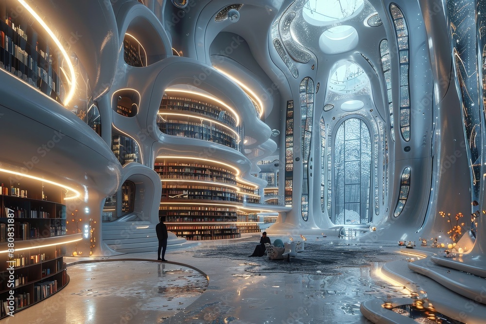 16 Futuristic public library with digital interfaces, realistic, high resolution, very detailed ...