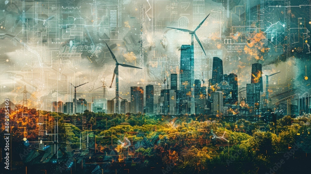 A collage-style stock photo depicting various sustainable energy ...