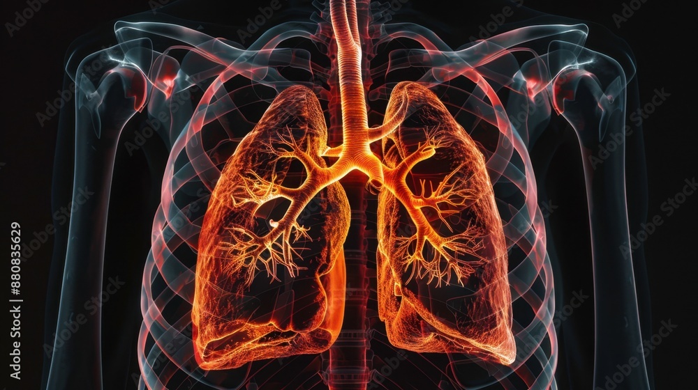 Human heart with vessels, lungs, bronchial tree, and cut rib cage, X ...