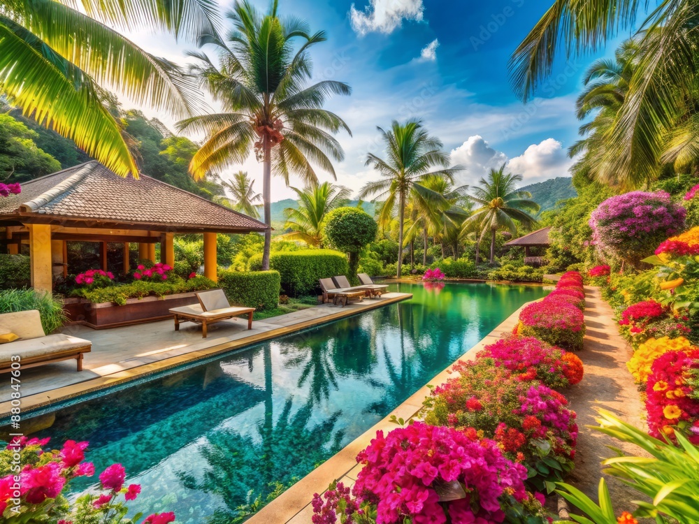 Luxurious resort spa amenities surrounded by lush greenery and vibrant ...