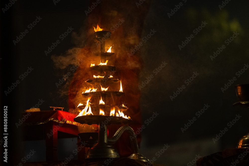 Ganga aarti, Fire flame at night with dark background during the ganga ...