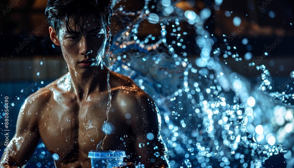 Asian men wearing sport Showing six-pack abs Shaking protein cup ...