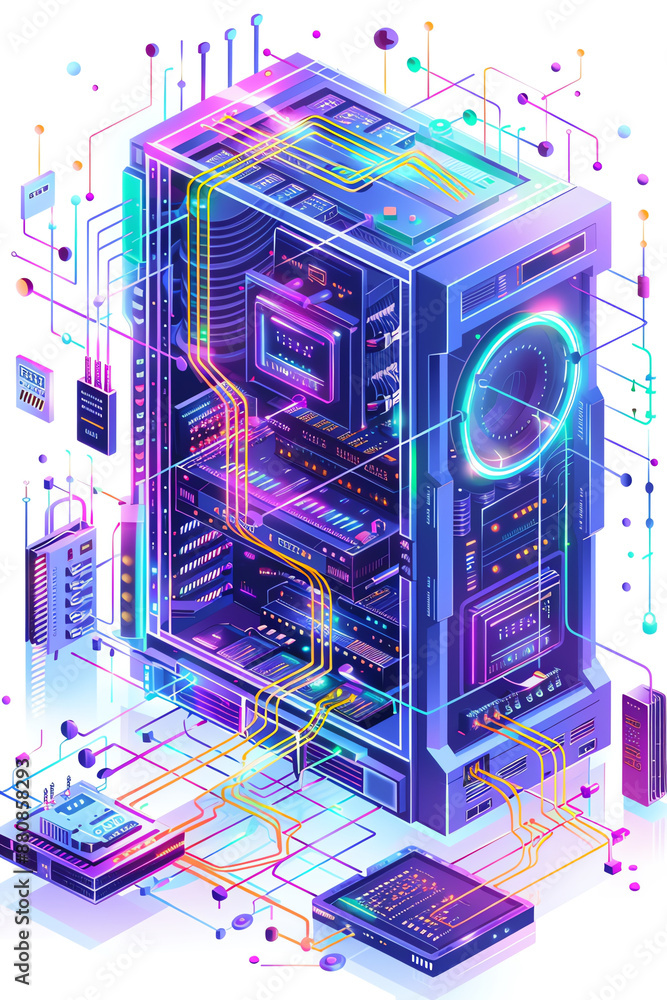 An illustration of a server rack with a glowing purple and blue circuit ...