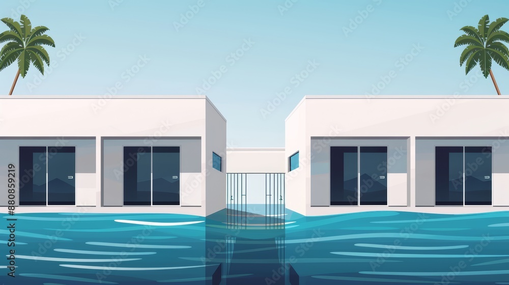 Defense budget allocation flat design front view military base water ...