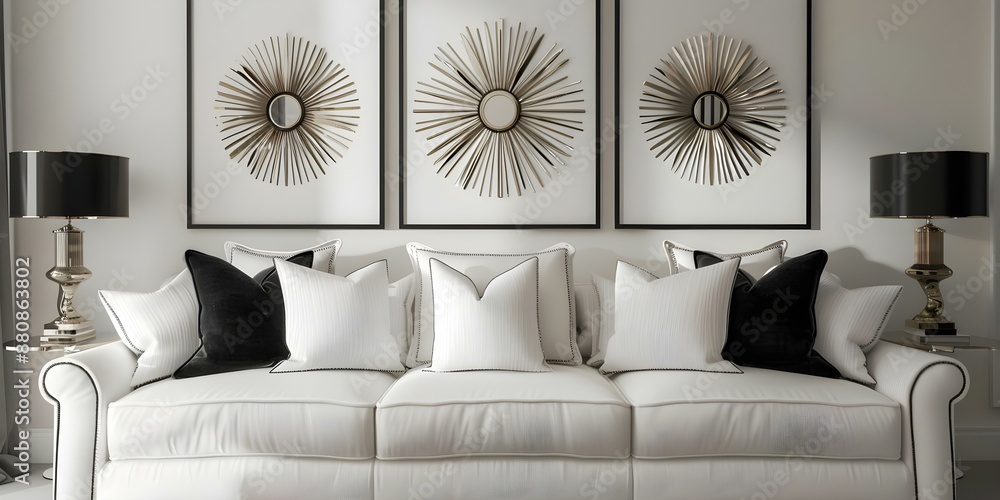 Realistic Art Deco living room with sunburst mirrors fluted glass bold ...