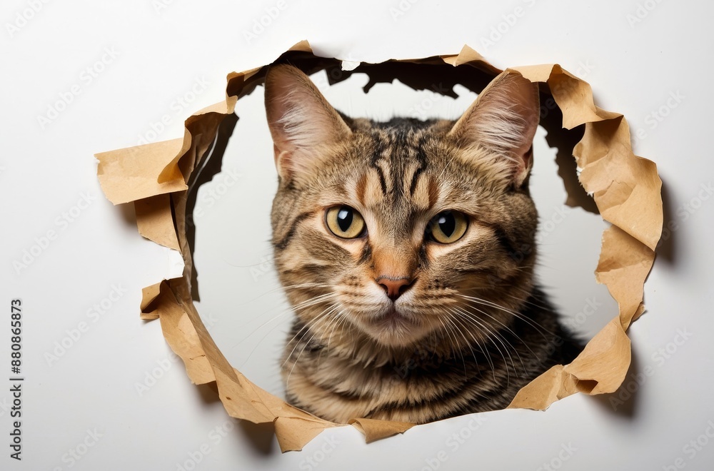 Curious tabby cat peeking through hole of torn paper in white surface ...