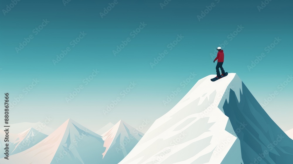 Snowboarder atop a mountain peak flat design side view snowboarding ...