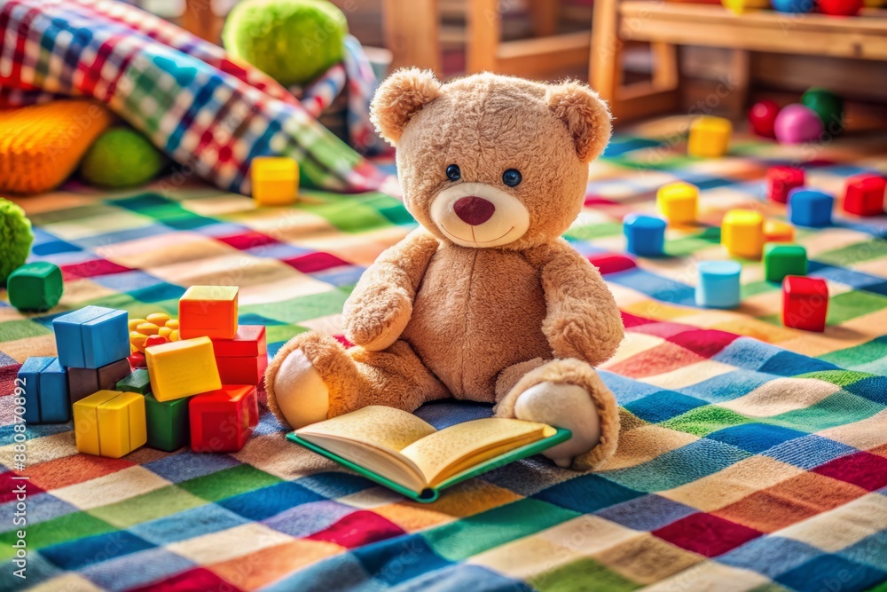 Adorable teddy bear sitting on a colorful blanket surrounded by toys ...
