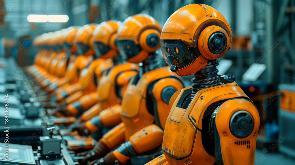 Robots in a factory sorting boxes, high-tech production, automation ...