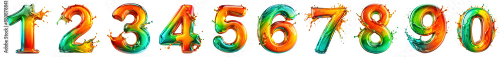 Full Set of Colorful 3D Numbers 1 to 0 Splash Isolated on Transparent ...