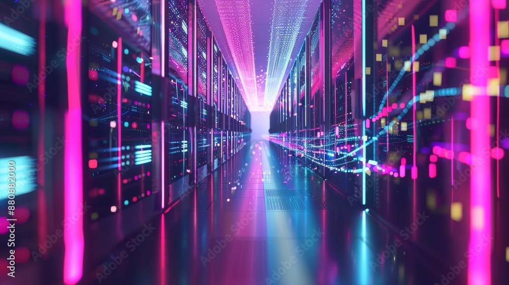 Server Room with Neon Lights - A futuristic server room with rows of ...