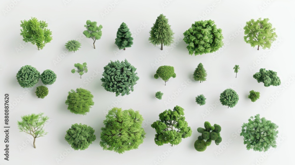 3D cartoon tree models, densely arranged, minimalistic style, top-down ...