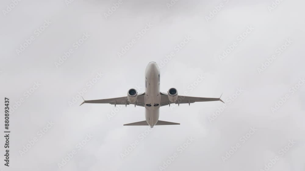 Front view passenger airplane in cloudy sky. Aircraft overhead bottom ...