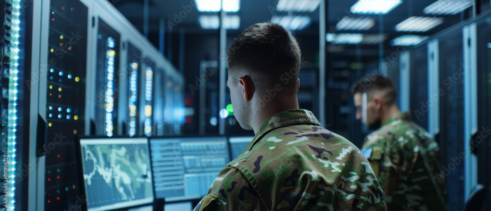 Two military personnel in camouflage monitor multiple computer screens ...