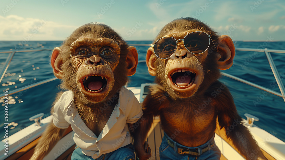 Chimpanzee wearing sunglasses sitting on a boat. Two chimpanzees ...