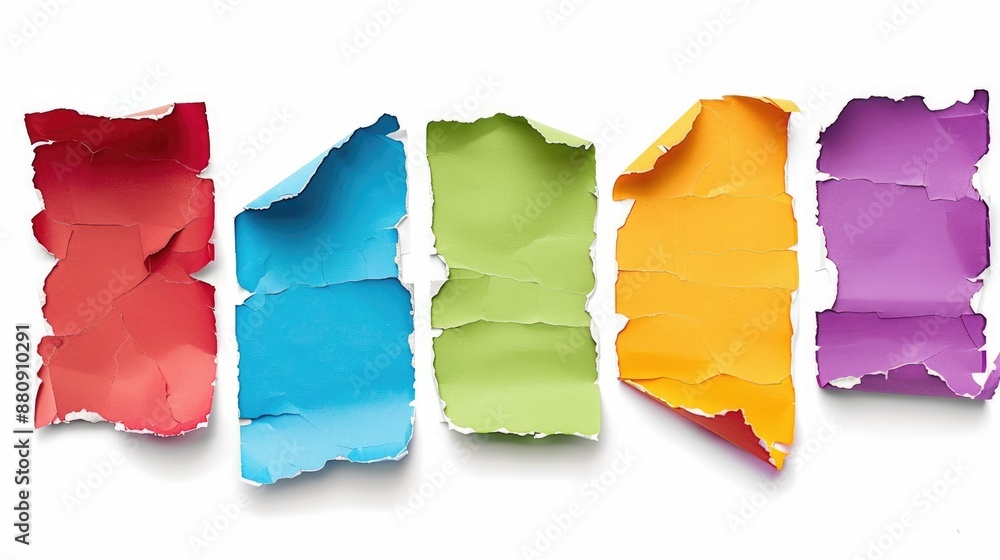Colorful torn paper squares on plain white backdrop for scrapbooking ...