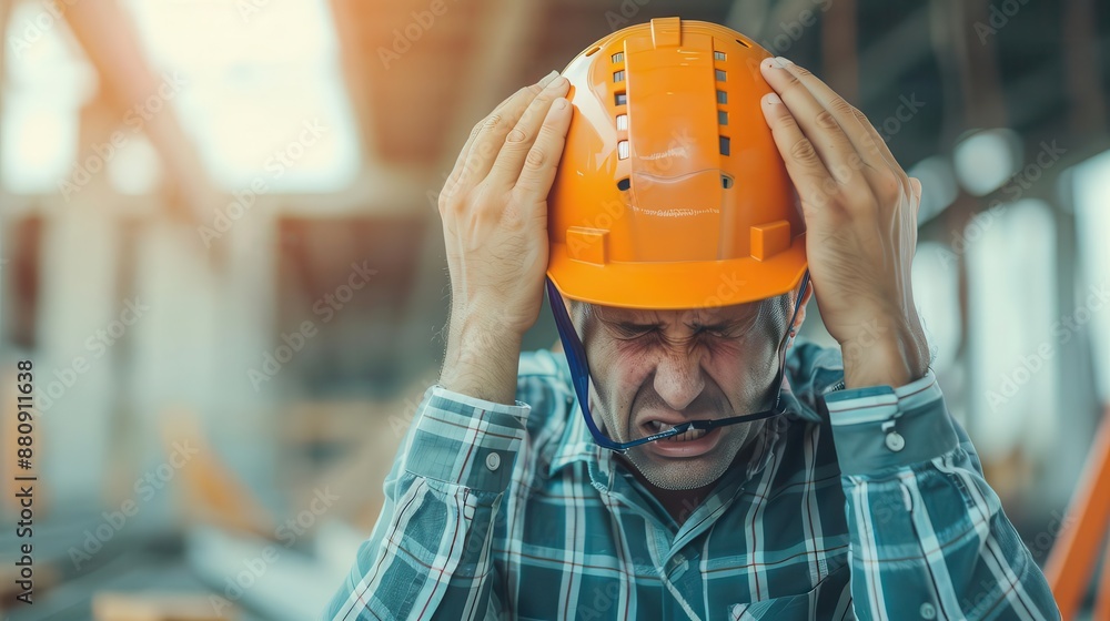 Distressed male worker wearing helmet and work uniform, halfbody photo ...