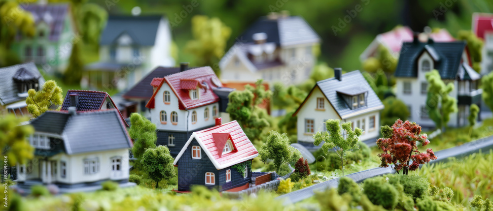 A serene model village with miniature houses surrounded by lush ...